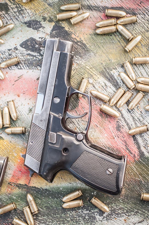 Top View of Gun and Ammunition Box on the Table Stock Photo - Image of ...