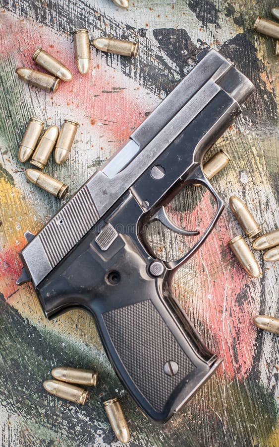 Top View of Gun and Ammunition Box on the Table Stock Photo - Image of ...