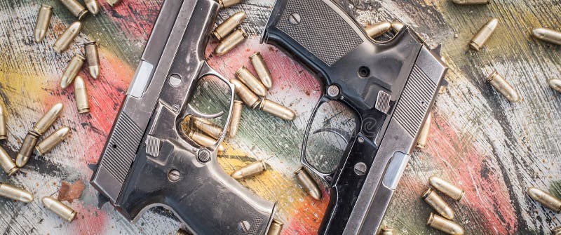 Top View of Gun and Ammunition on the Table Stock Photo - Image of ...