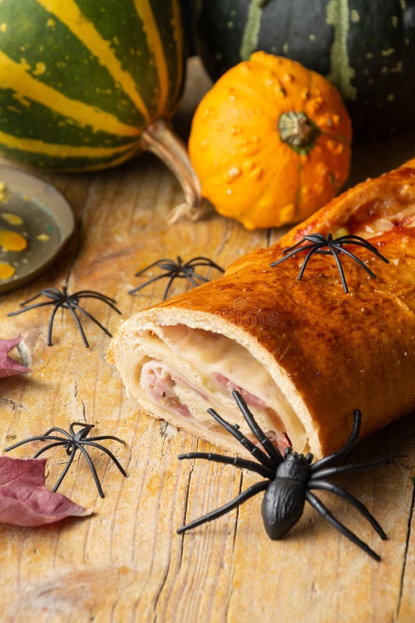 Top View of Ham Bread for Halloween on Wooden Table with Plastic ...