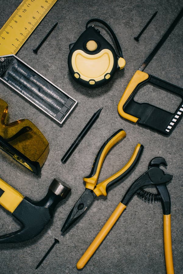 Top View of Hammer Hacksaw Pliers and Tools Stock Photo - Image of ...