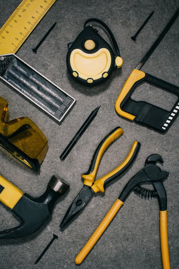 Top View of Hammer Hacksaw Pliers and Tools Stock Photo - Image of ...