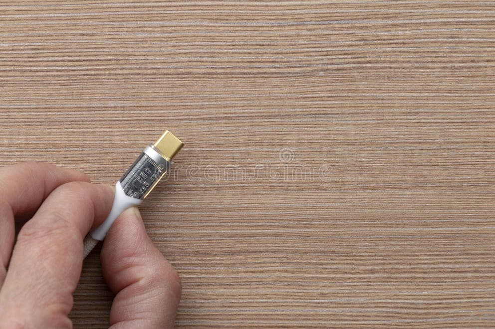 Top View Hand Above Table Holding Edge of USB Type C Cable. Stock Photo ...