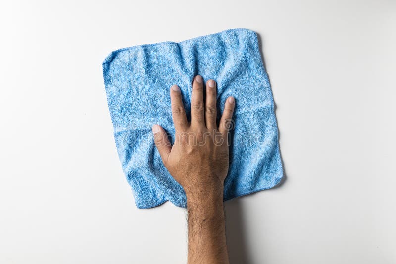 Top View of Hand with Blue Cleaning Rag Isolated on White Background ...