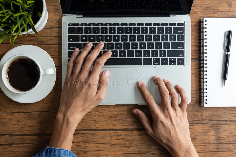 Top View Hand Businessman Using Computer Laptop on Wooden Table Stock ...