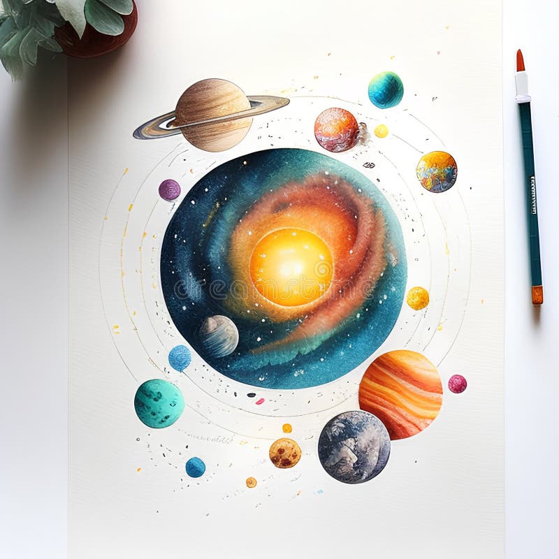 Top View of Hand Drawn Space Background with Planets, Stars, Sun and ...