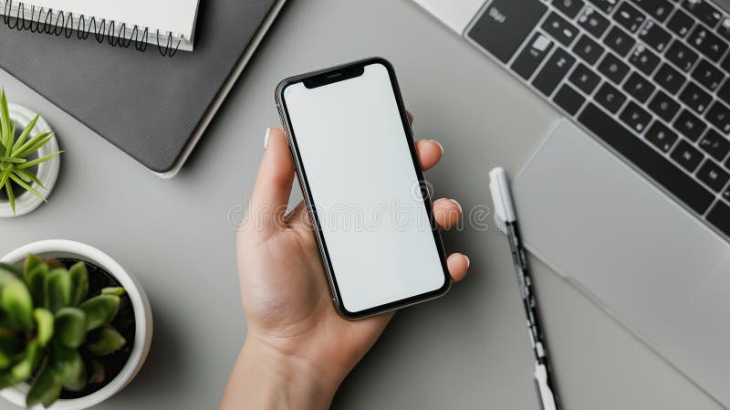 Top View of Hand Holding a Mobile Phone with White Screen, on Work ...
