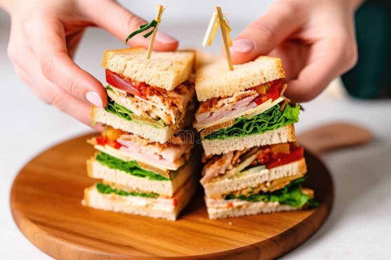 Top View of a Hand Placing the Final Bread Slice on a Club Sandwich ...