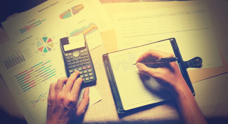 Top View of Hand Woman Writing Make Note and Calculate Doing Fin Stock ...