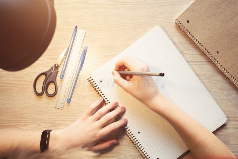 Top View on Hand Writing in Notebook. Stock Image - Image of closeup ...