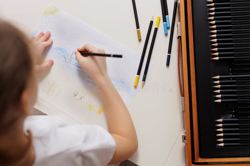 Top View of Hands Drawing the Picture on Paper Stock Image - Image of ...