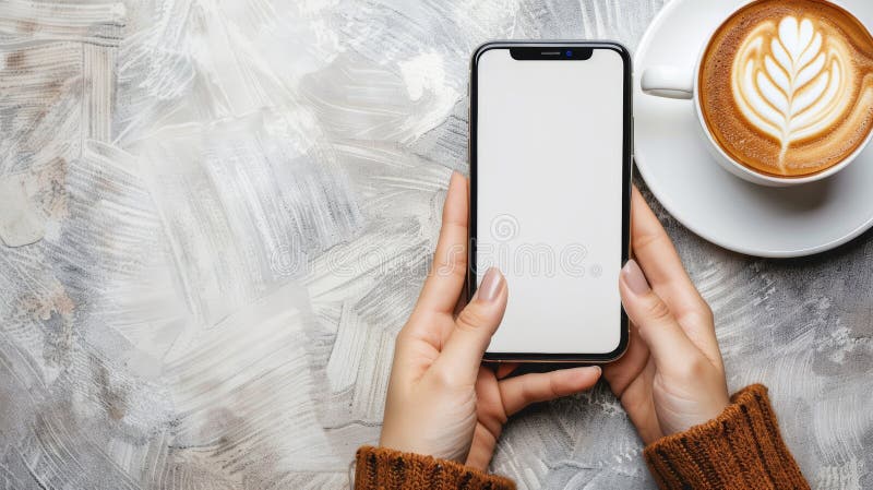 Top View of Hands Holding Smartphone with Blank Screen and Coffee on ...