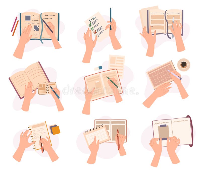 Top View of Hands Making Notes, with a Pen and Notepads Isolated Set ...