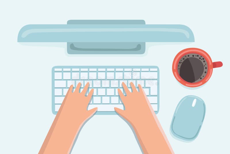Top View Hands Typing on Keyboard, Mouse, Display Cup of Coffee and ...