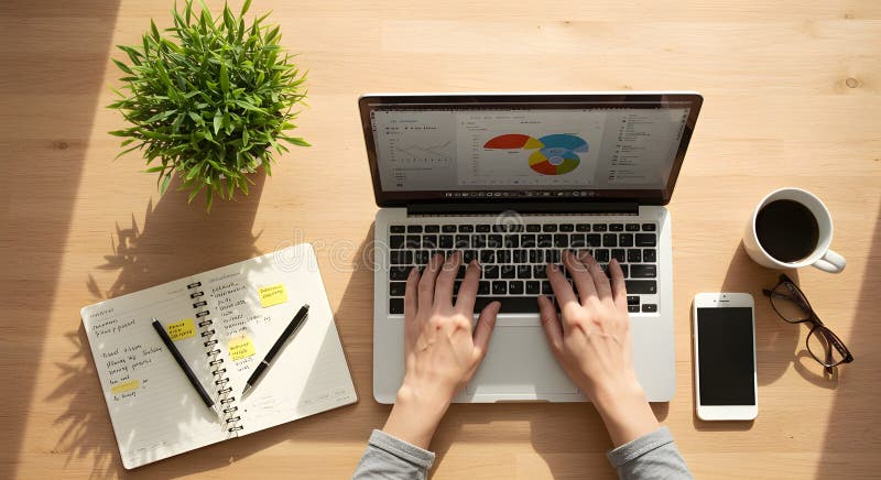 Top View of Hands Typing on Laptop with Colorful Charts on Screen ...
