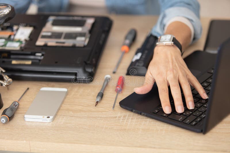 Top View Hands Works on Broken Electronic Gadget Stock Photo - Image of ...