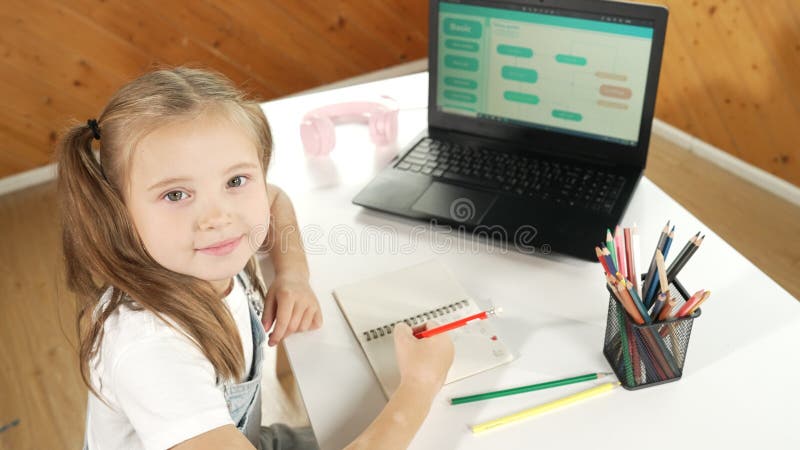 Top View of Happy Student Thinking Doing Homework by Using Laptop ...