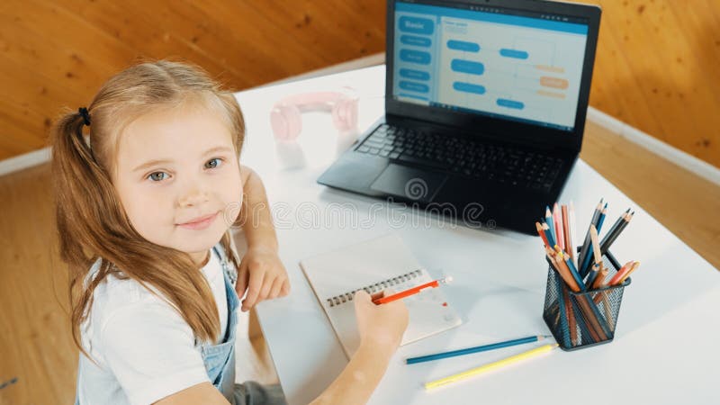 Top View of Happy Student Thinking Doing Homework by Using Laptop ...