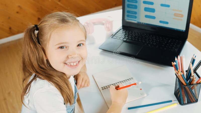 Top View of Happy Student Thinking Doing Homework by Using Laptop. Erudition. Stock Image ...