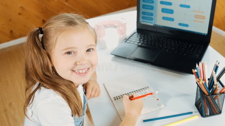 Top View of Happy Student Thinking Doing Homework by Using Laptop ...