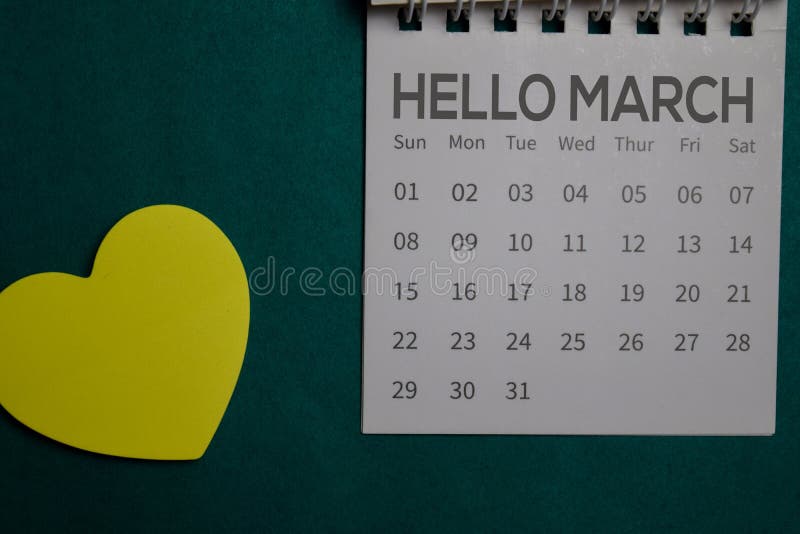 Top View Hello March Text on a Calendar Isolated on Office Desk Stock ...