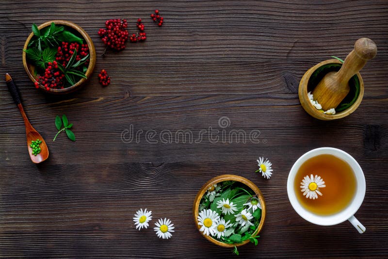 Top View of Herbal Tea in Cup with Herbs in Bowls, Top View Stock Image ...