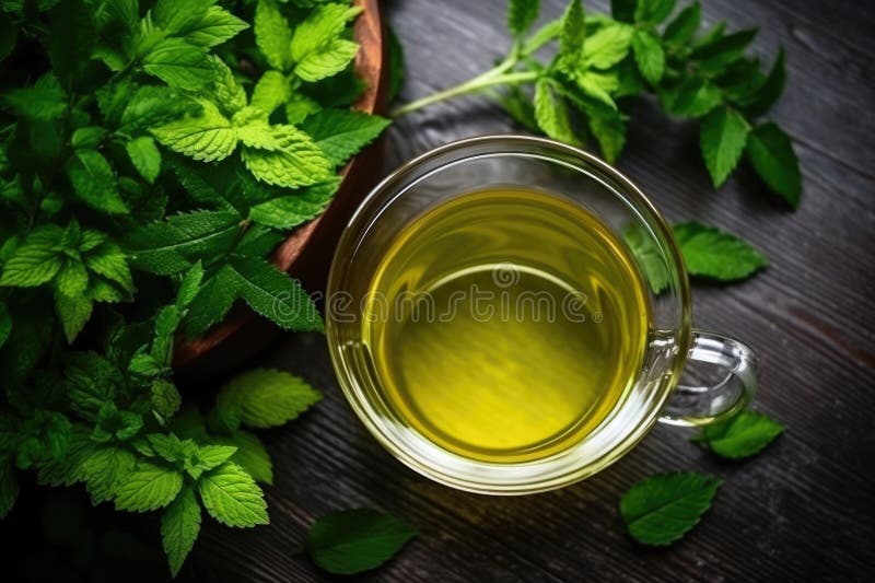 Top View of Herbal Tea with Fresh Green Leaves Stock Image - Image of ...