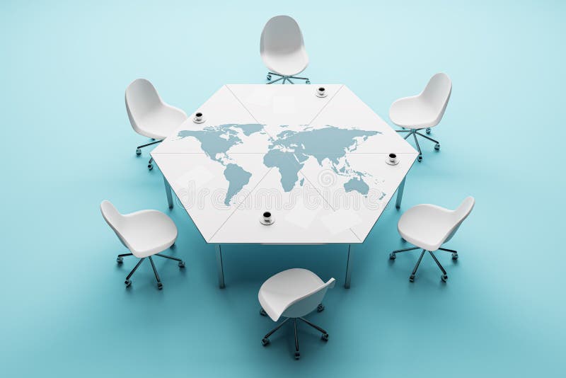 Top View of Hexagonal Conference Table with Map and Coffee Cup, Chairs ...