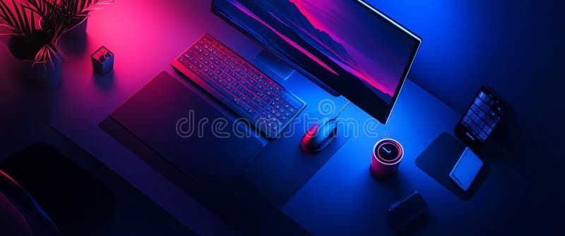 Top View of High-Tech Computer Desk with Neon Lighting Stock ...