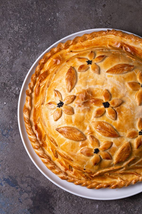 Top View of a Hot Homemade Chicken Pie with Filling. Pie on the Table ...