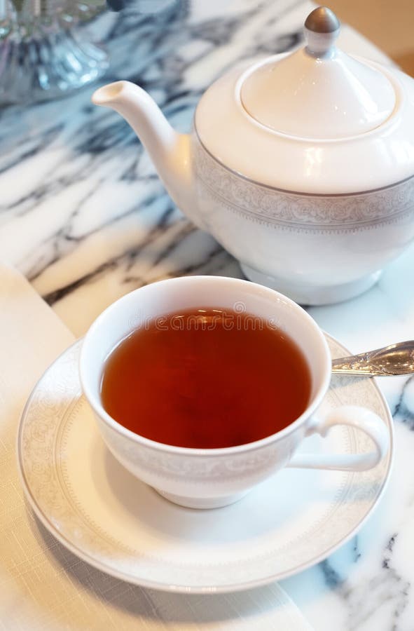 Top View of Hot Tea Set on White Marble Table Stock Photo - Image of ...