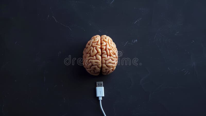 Top View of Human Brain Model with USB Cable, on Black Background. Turn ...