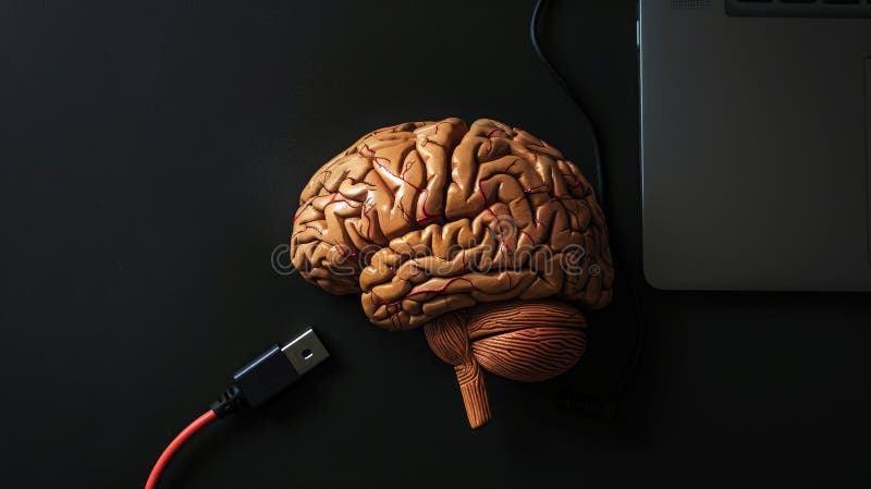 Top View of Human Brain Model with USB Cable, on Black Background. Turn ...