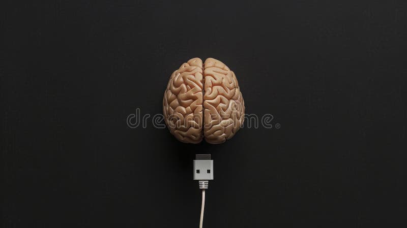 Top View of Human Brain Model with USB Cable, on Black Background. Turn ...