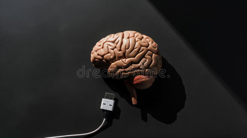 Top View of Human Brain Model with USB Cable, on Black Background. Turn ...
