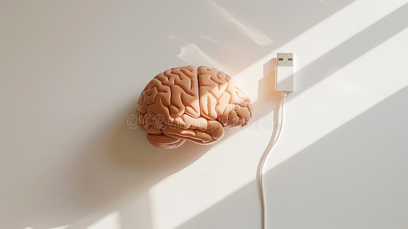 Top View of Human Brain Model with USB Cable, on Light Background. Turn ...