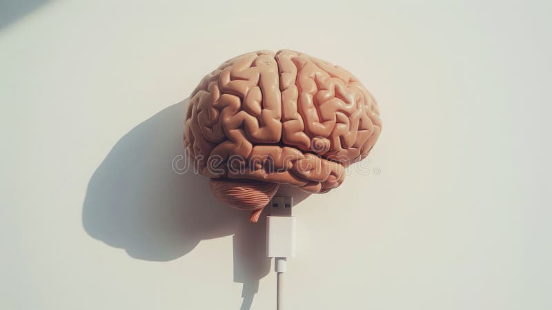 Top View of Human Brain Model with USB Cable, on Light Background. Turn ...