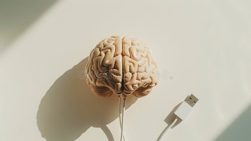 Top View of Human Brain Model with USB Cable, on Light Background. Turn ...
