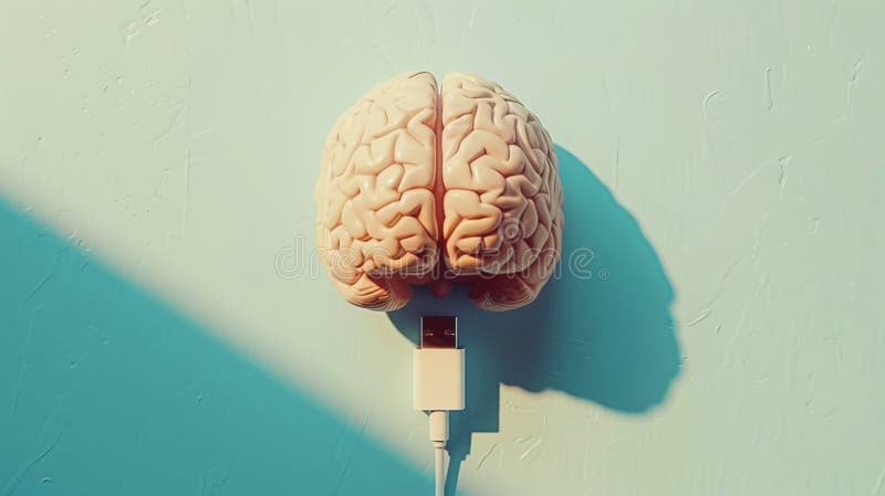 Top View of Human Brain Model with USB Cable, on Light Background. Turn ...