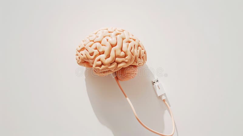 Top View of Human Brain Model with USB Cable, on Black Background. Turn ...