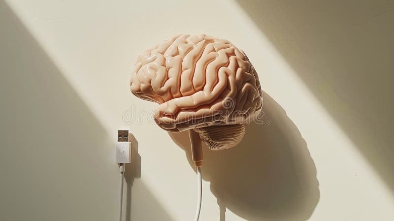 Top View of Human Brain Model with USB Cable, on Light Background. Turn ...