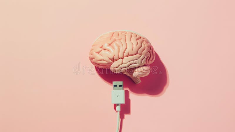 Top View of Human Brain Model with USB Cable, on Pink Background. Turn ...