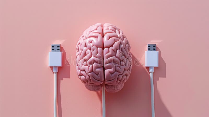 Top View of Human Brain Model with USB Cable, on Pink Background. Turn ...
