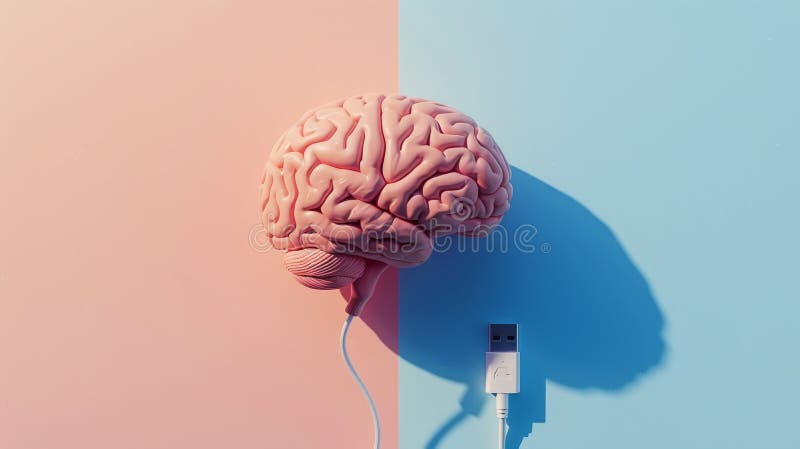 Top View of Human Brain Model with USB Cable, on Split Pink and Blue ...