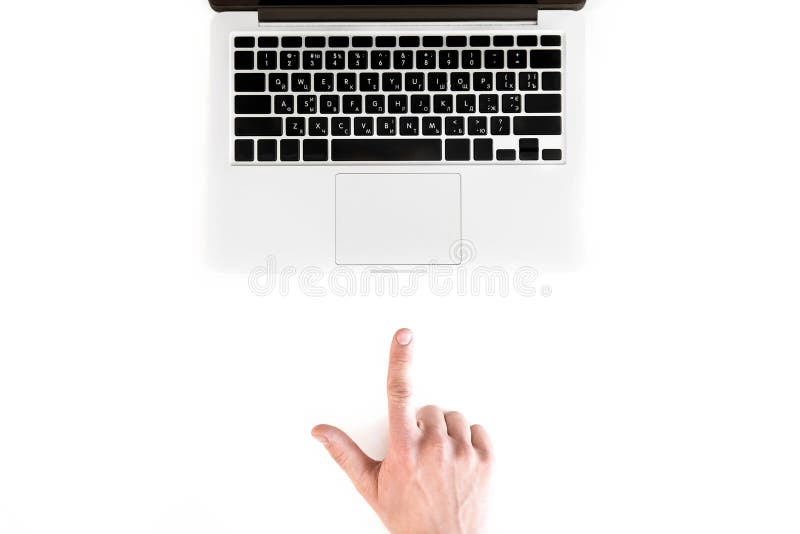 Top View of Human Hand Pointing at Laptop Computer Isolated on White ...