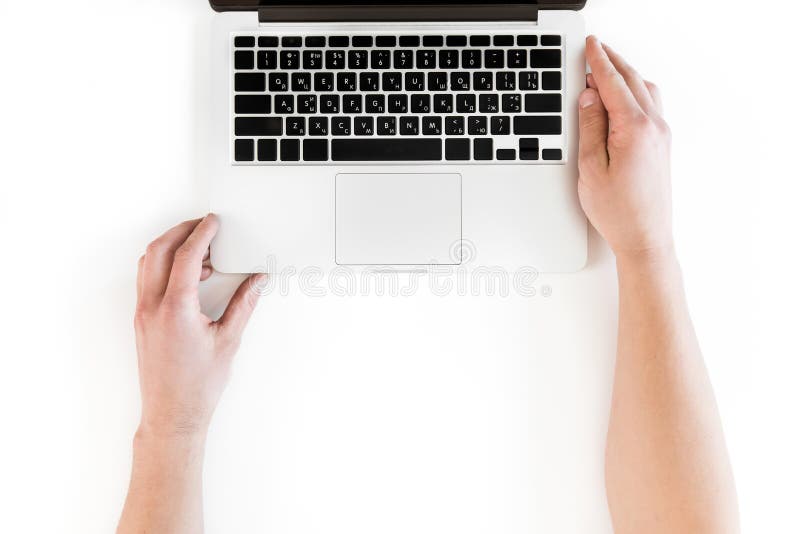 Top View of Human Hands and Laptop Computer Isolated on White Stock ...