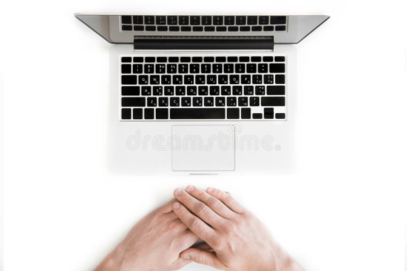 Top View of Human Hands and Laptop Computer Isolated on White Stock ...