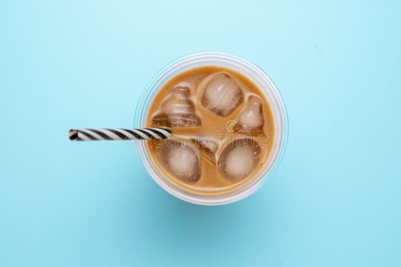 Top View of Ice Coffee with Ice Cubes Adn Straw Stock Photo - Image of ...