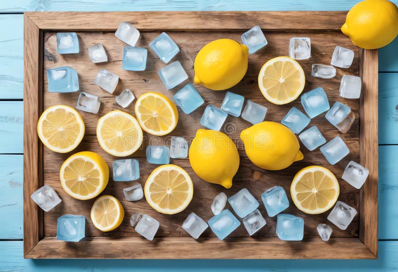 Top View Ice Cube and Lemon on Wooden Board Background Stock ...