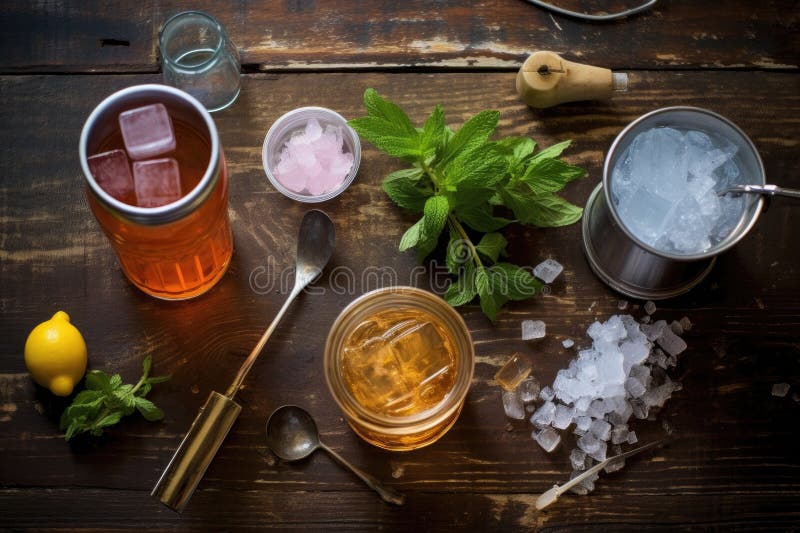 Top View of Iced Tea Ingredients and Utensils on Rustic Table Stock ...